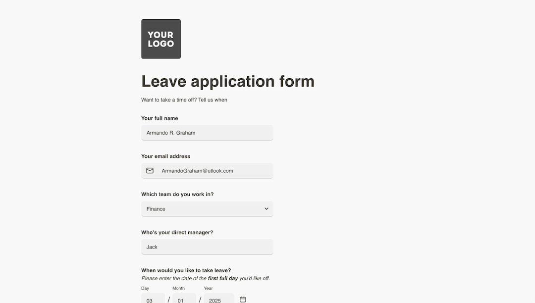 Employee leave application form template | Formaloo