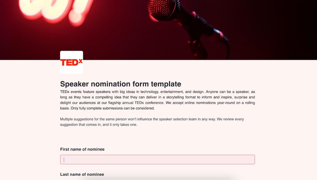 Speaker nomination form template template | Formaloo