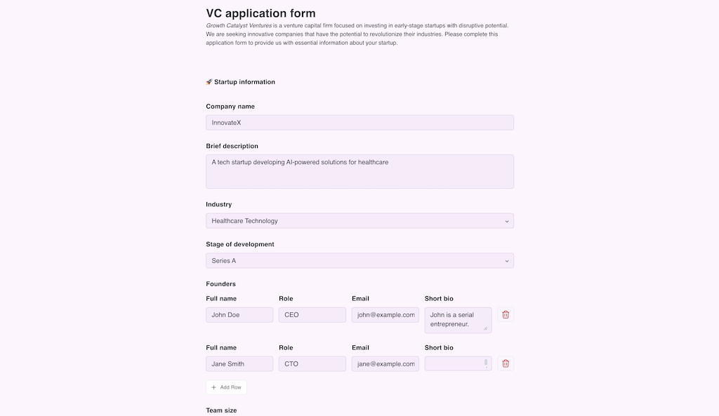 VC application form template | Formaloo