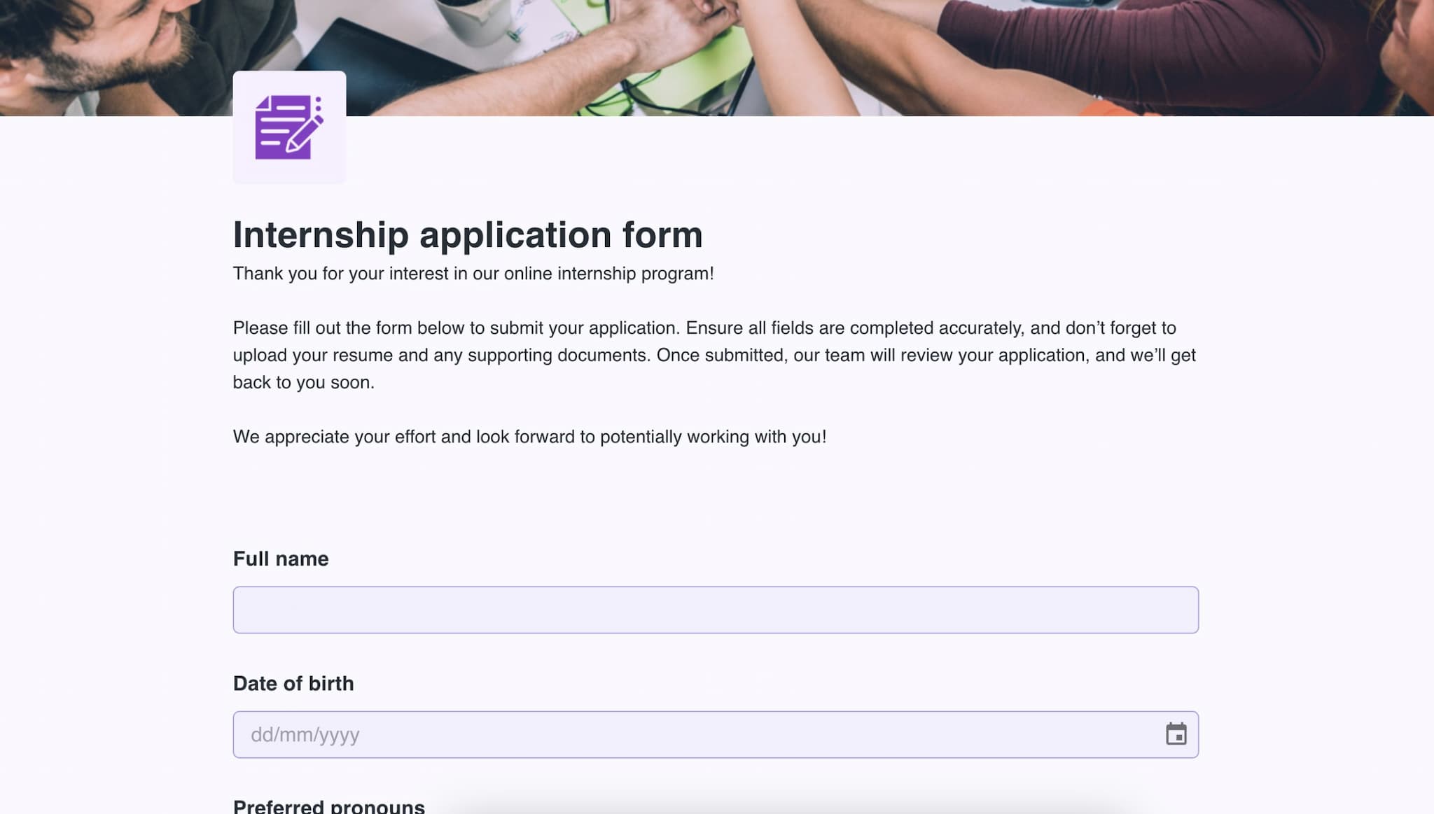 Internship application form template | Formaloo
