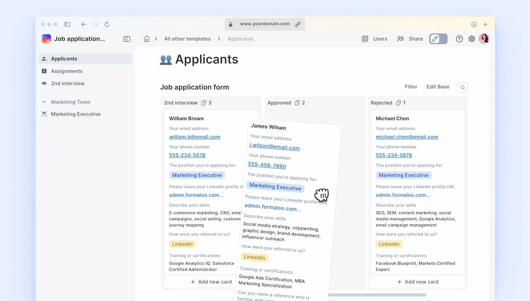 Job applicant tracking approval workflow template | Formaloo