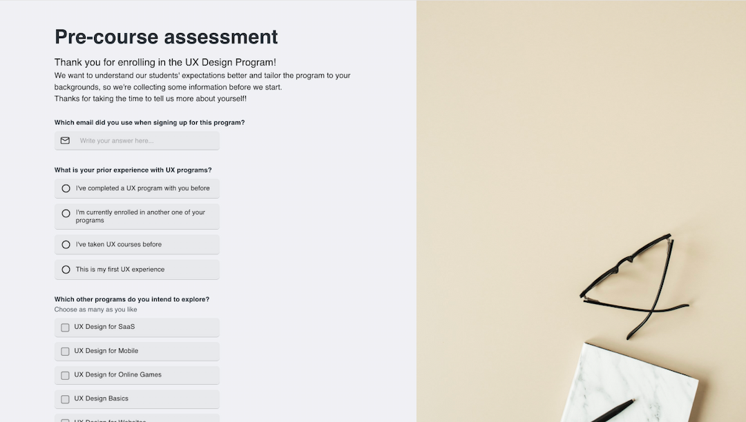 Pre-course assessment form template | Formaloo