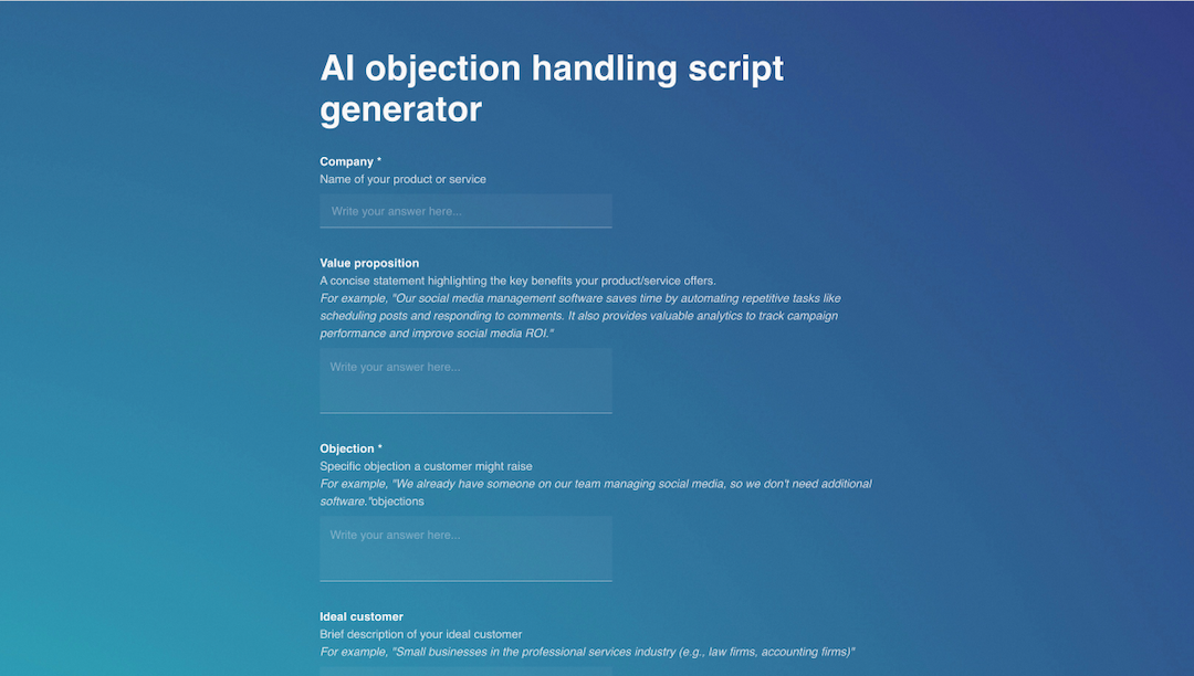 AI objection handling script generator template | Formaloo