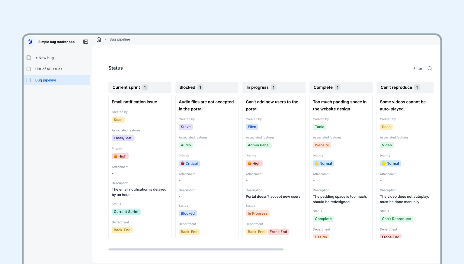 Simple bug tracker app template | Formaloo