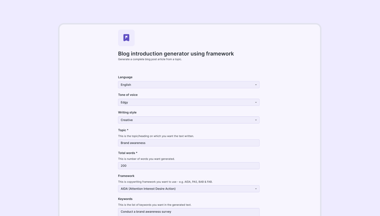 Blog introduction generator using framework template | Formaloo