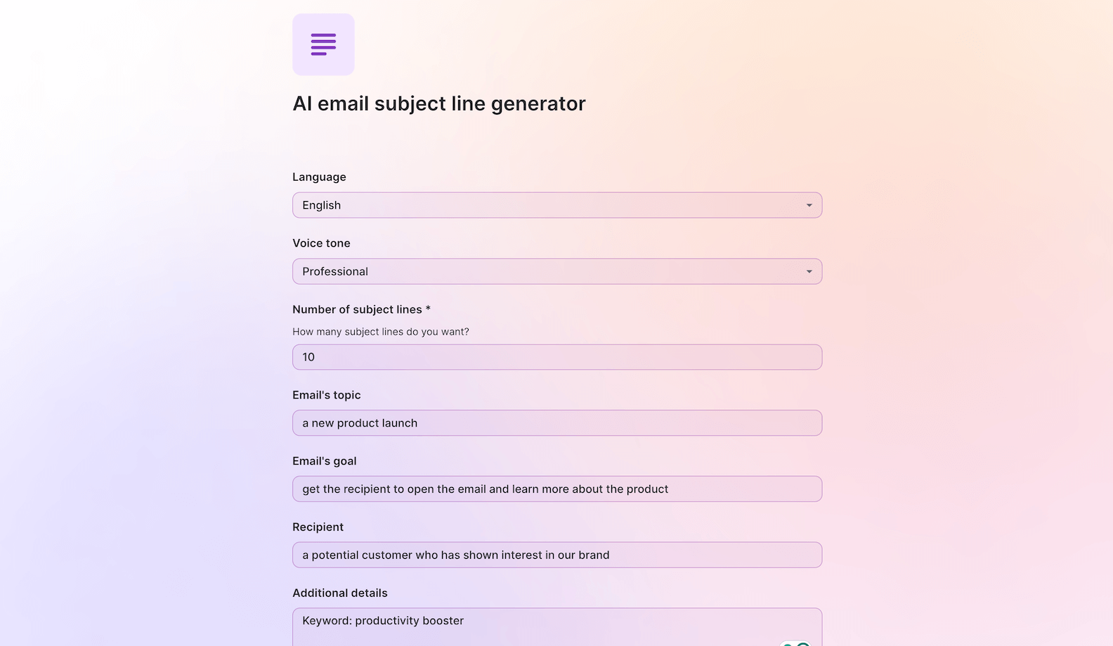 AI email subject line generator template | Formaloo