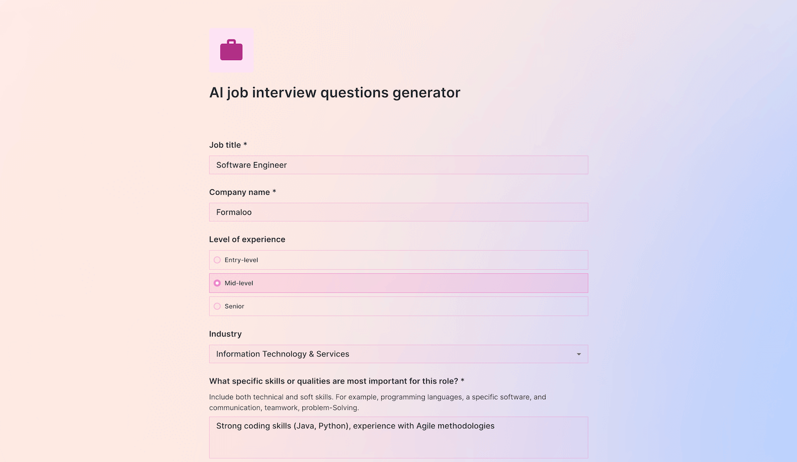 AI job interview questions generator template | Formaloo