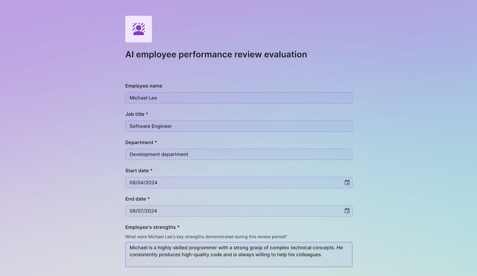 AI employee performance review evaluation template | Formaloo