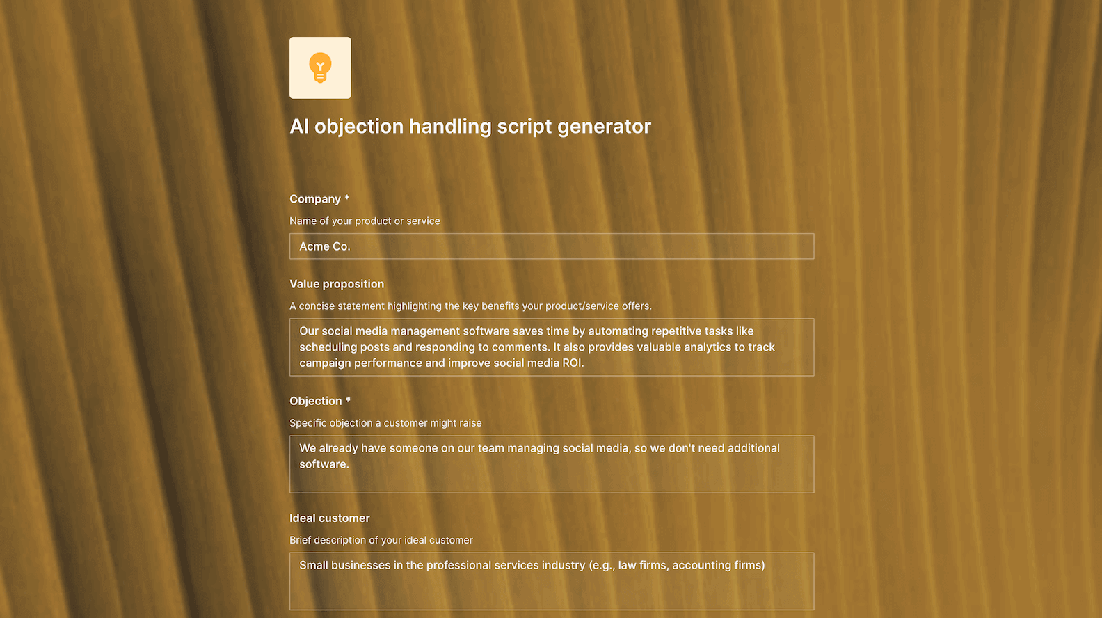AI objection handling script generator template | Formaloo